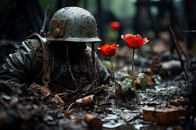 A Soldier Kneeling in the Mud with Two Red Flowers Stock Photo - Image ...