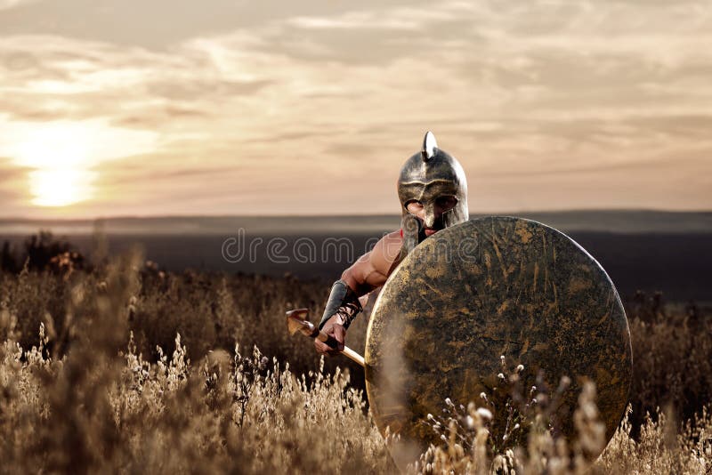 Soldier Like Spartan in Bronze Helmet Holding Rounded Shield. Stock ...