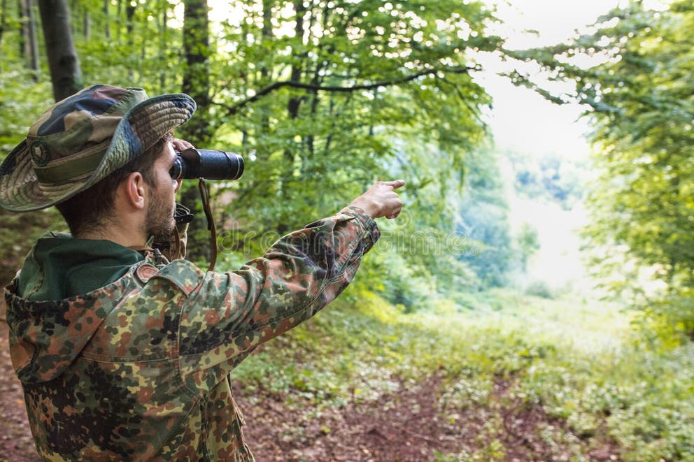 Soldier Using Binoculars and Pointing in Forest Stock Image - Image of ...