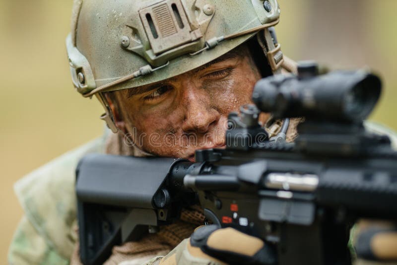 Soldier Looks through the Scope on the Target Stock Photo - Image of ...