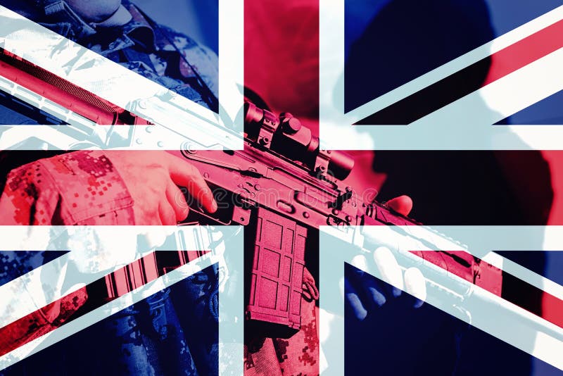 Soldier with Machine Gun with National Flag of Great Britain Stock ...
