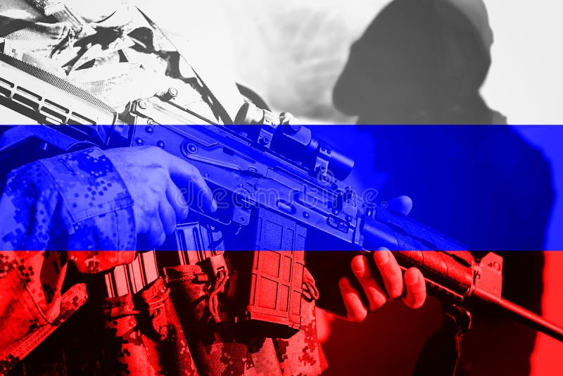 Soldier with Machine Gun with National Flag of Russia Stock Photo ...