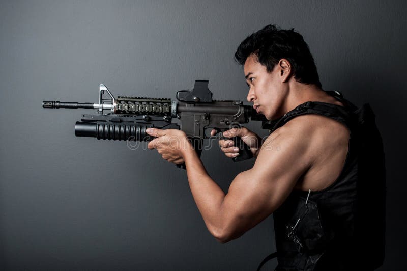 Soldier Man Hold Machine Gun Stock Photo - Image of attack, machine ...