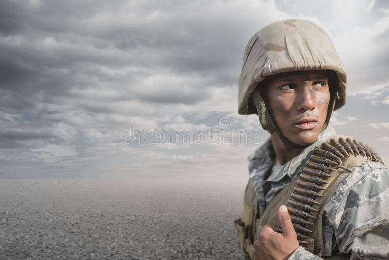 Soldier Man Standing Against Desert Background Stock Photo - Image of ...