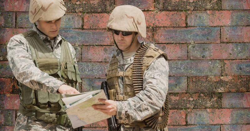 Soldier Men Looking at a Map Against a Brick Wall Stock Photo - Image ...