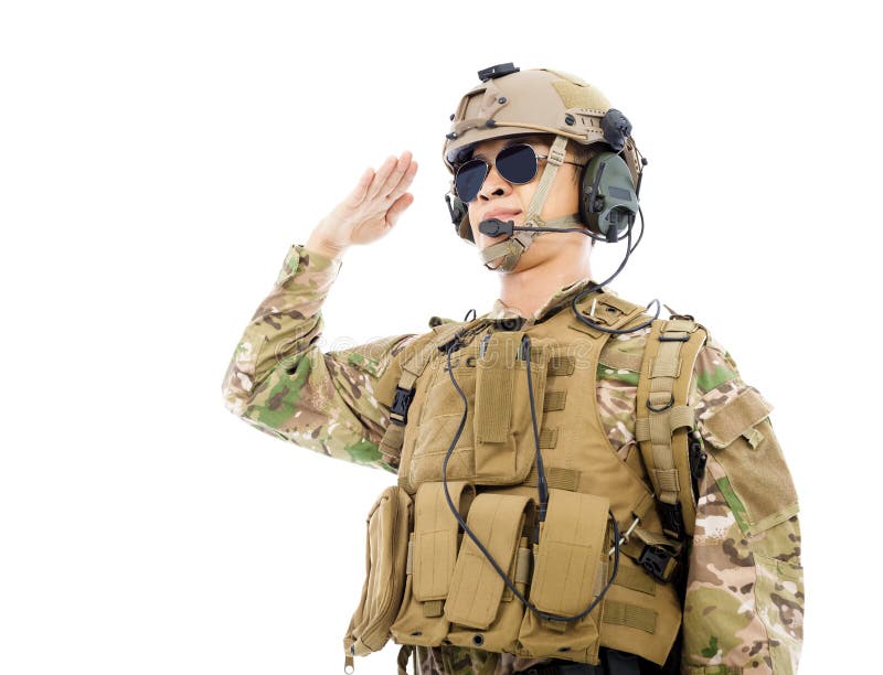 Soldier in Military Uniform Saluting Over White Background Stock Image ...