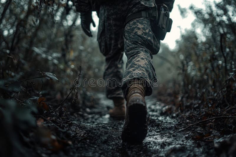 Soldier Navigating a Muddy Trail in a Dense Forest during an Overcast ...