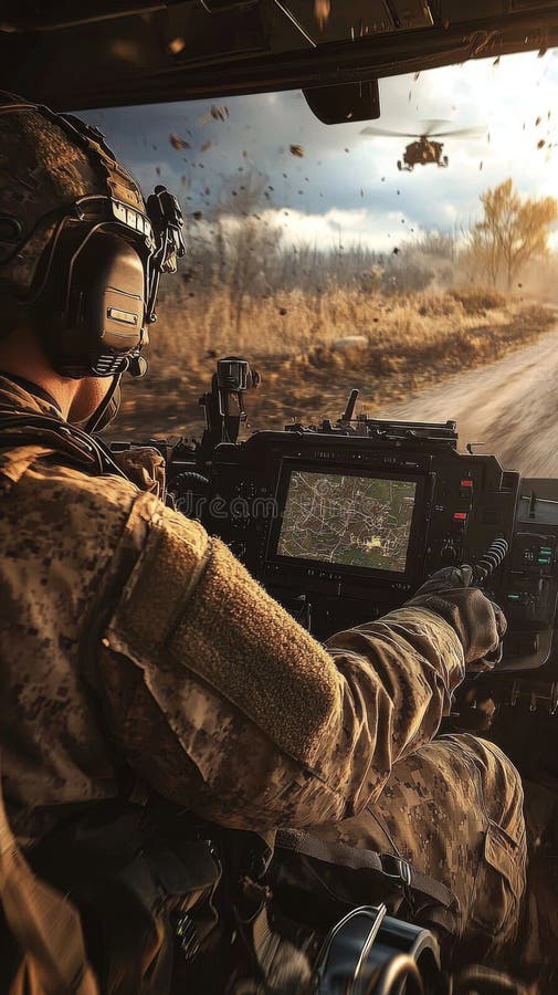 Soldier Operating Military Drone Controls Inside High-tech Vehicle ...