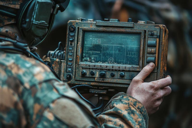 Soldier Operating a Robust, Weathered Military Computer Displaying ...