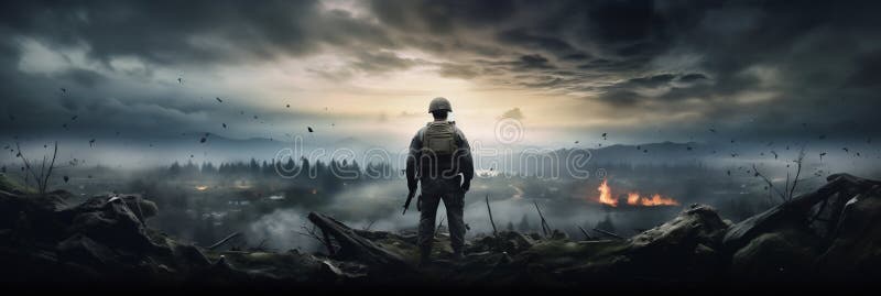 Soldier Overlooking Battle Aftermath. Generative Ai Stock Illustration ...