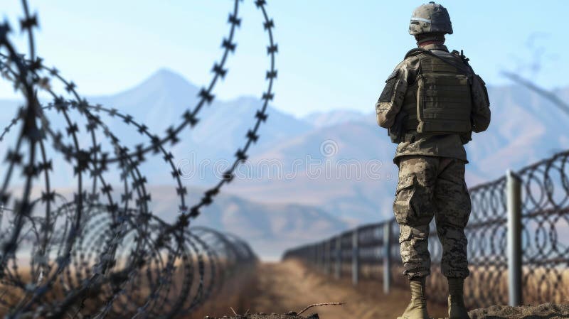 Soldier Patrolling a National Border with a Barbed Wire Fence Stock ...
