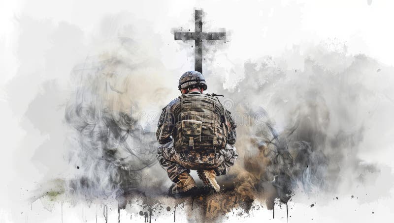 Soldier Praying in Front of a Cross. Generative AI. Stock Illustration ...