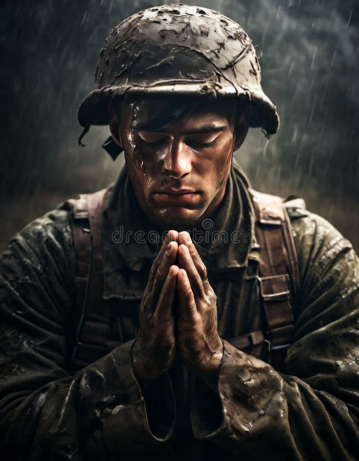Soldier Praying in the Rain, Showing Strength and Determination Stock ...