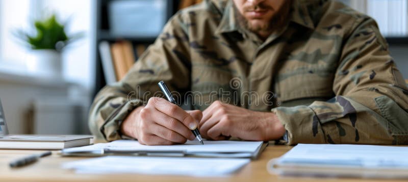Soldier with Prosthetic Arm Writing Vital Report, Amidst Books and ...