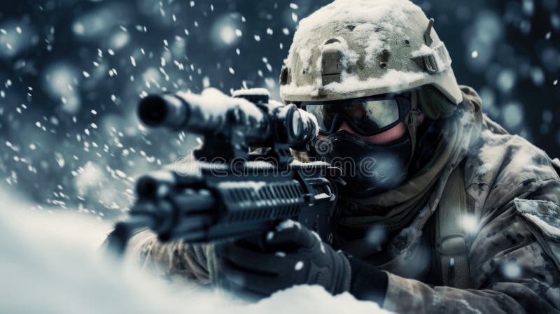 Soldier with Rifle in the Snow. Generative AI. Stock Photo - Image of ...