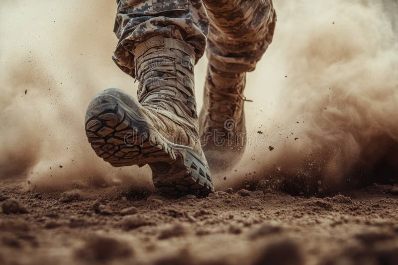 Soldier Running on Battlefield Kicking Up Dust and Debris Stock Photo ...