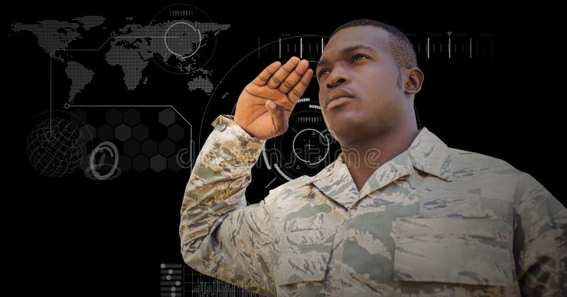 Soldier Saluting Against Black Background with Interface Stock Image ...