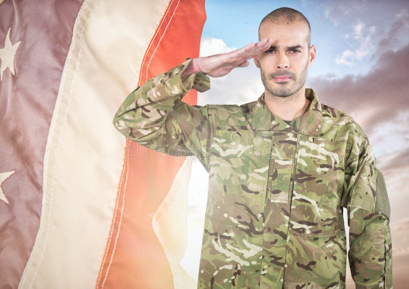 Soldier Saluting Against a Fluttering American Flag Stock Image - Image ...