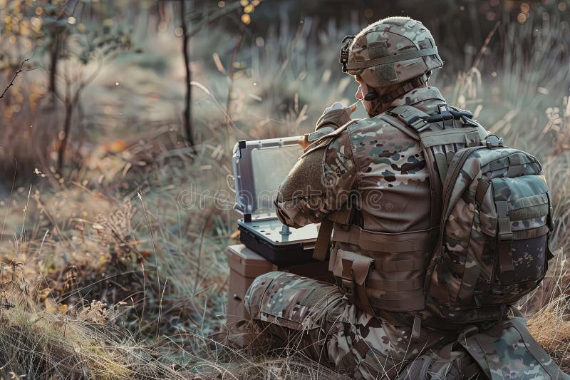 A Soldier Sitting in a Field Using a Laptop To Create 3D Objects Stock ...