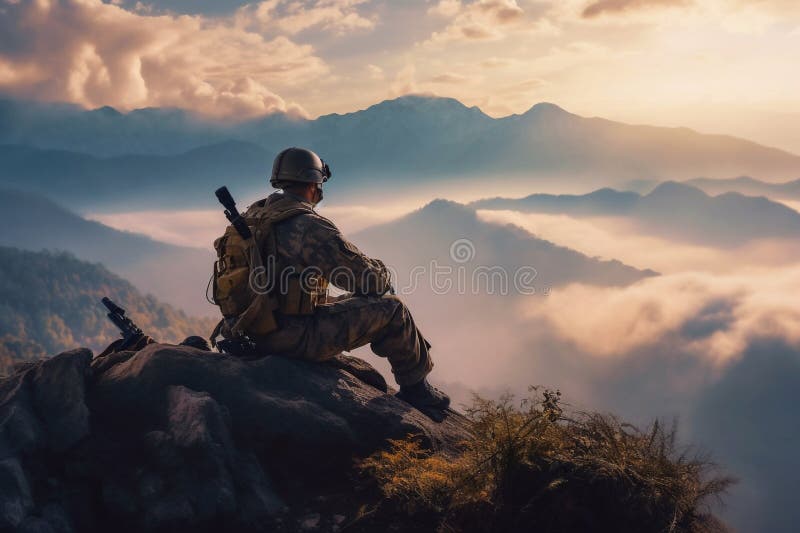 Soldier Sitting Relaxed on the Top Mountain. Stock Illustration ...