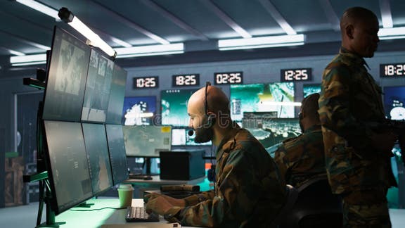 Soldier Solving Tasks in Military HQ Base, Gathering Information on ...