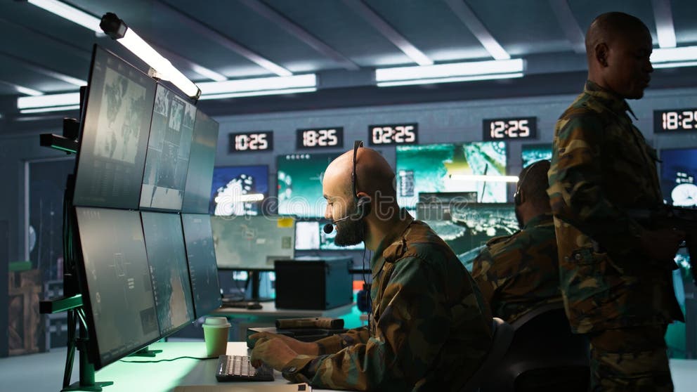 Soldier Solving Tasks in Military HQ Base, Gathering Information on ...