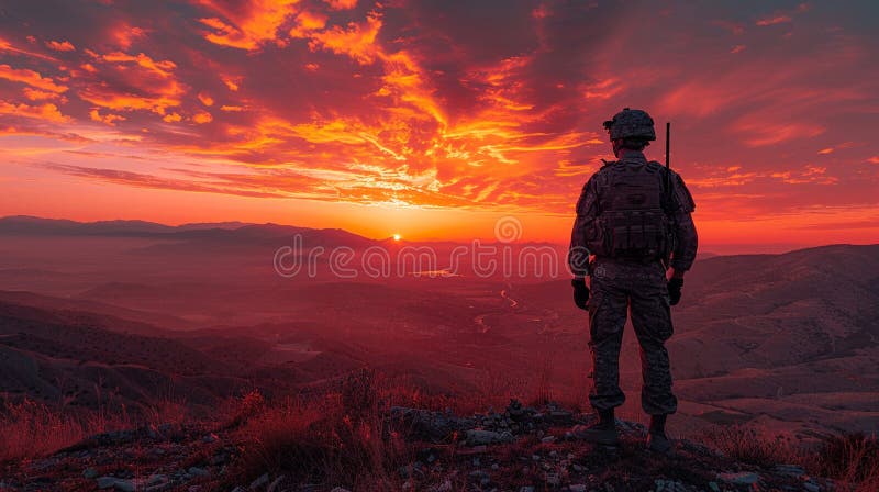 A Soldier Standing at Sunrise on a Hill Silhouette Stock Image - Image ...