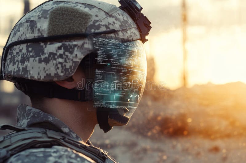Soldier Wearing Augmented Reality Helmet Visor in a Tactical ...