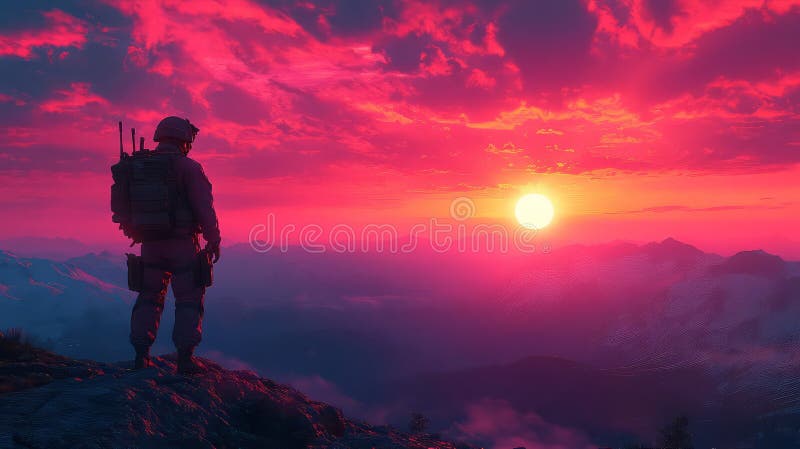 A Soldier Stands on a Mountain Top, Watching a Vibrant Sunset Over ...