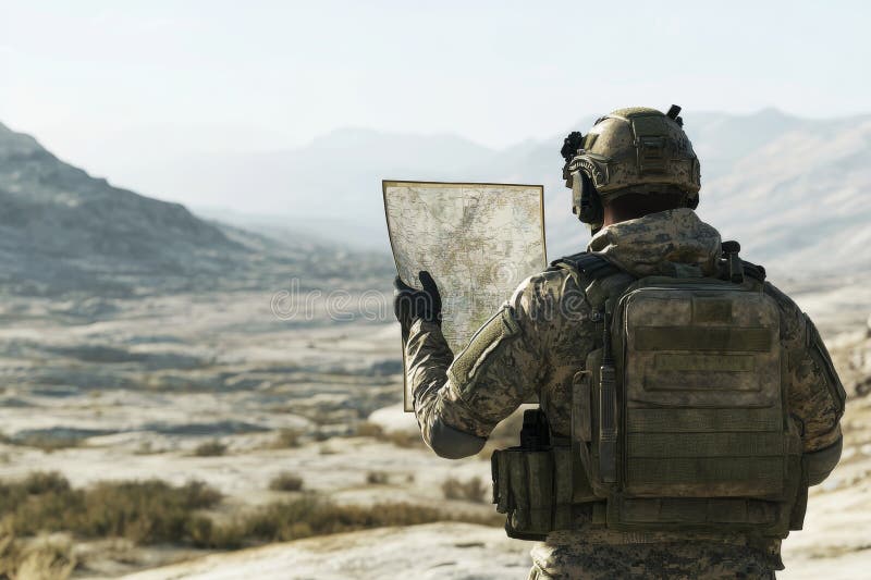 Soldier Studying Map in Expansive Terrain Under Clear Sky. Generative ...