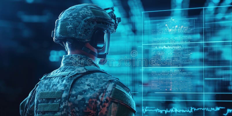 Soldier in Tactical Gear Analyzing Digital Data Display, Futuristic ...