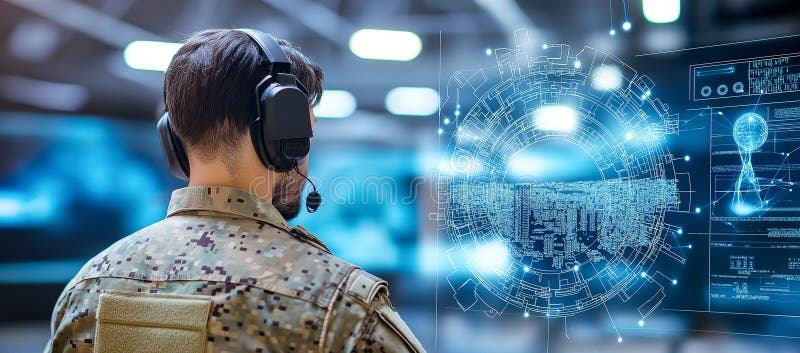 Soldier in Tactical Gear with Headset Observes Digital Interface ...