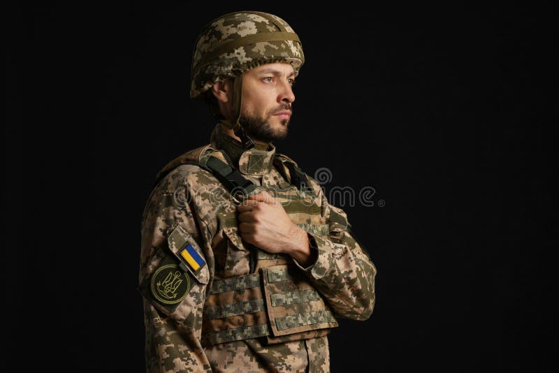 Soldier in Ukrainian Military Uniform on Black Background Stock Image ...