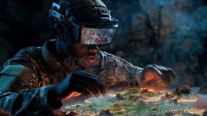 Soldier Uses Advanced Technology To Analyze Tactical Map in a Dimly Lit ...