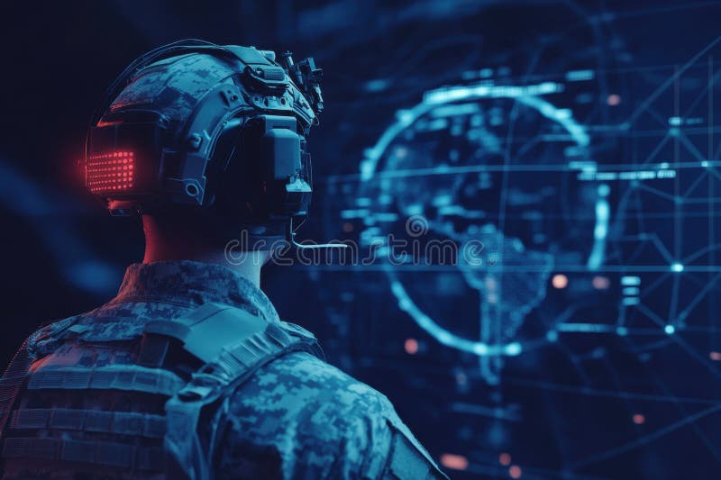 Soldier Using Advanced Technology To Monitor Global Data in a High-tech ...