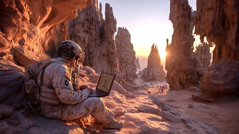 Soldier Using Laptop in Desert Canyon at Sunset Stock Photo - Image of ...
