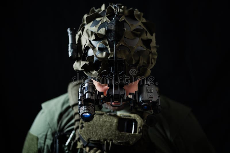 A Soldier Using Modern Thermal and Night Vision in the Darkness. Close ...
