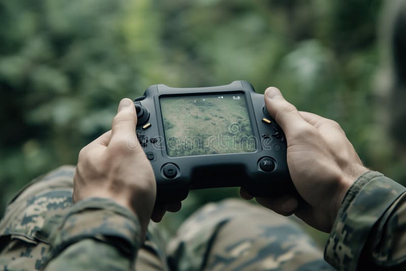 Soldier Using Portable Drone Control Device in Forest Stock Image ...