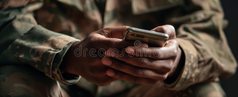 The Soldier Using a Smartphone while Reflecting in a Calm Moment..AI ...