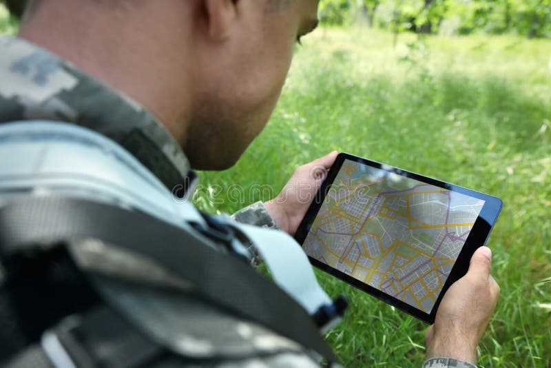Soldier Using Tablet in Forest, Closeup Stock Photo - Image of modern ...