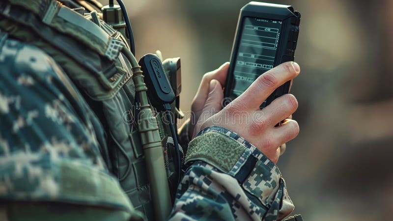 Soldier Using Tactical Military Software on Touchscreen Device Stock ...