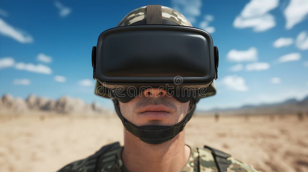 Soldier Using Virtual Reality Headset in Desert Environment Stock ...