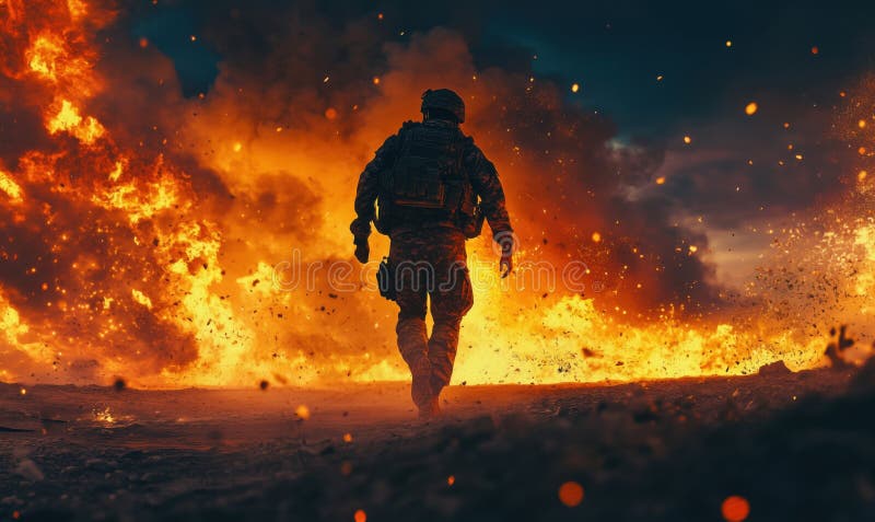 Soldier Walking through Explosion, Intense Flames and Smoke, Dramatic ...