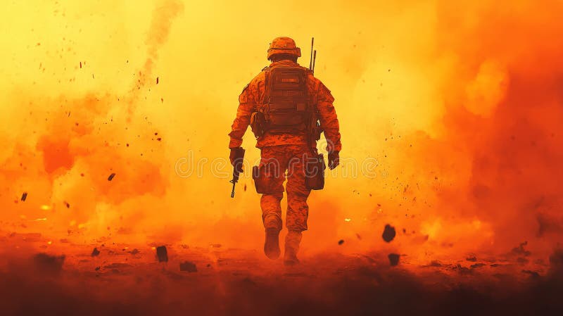 Soldier Walking through Fiery Battlefield in a Dramatic Scene Stock ...