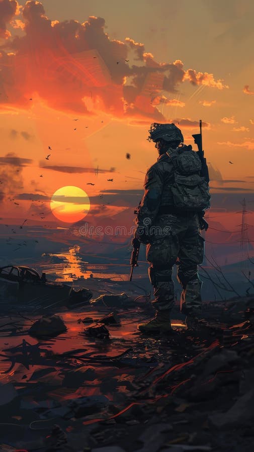 Soldier Watching Sunset in Post-apocalyptic Landscape, Dramatic and ...