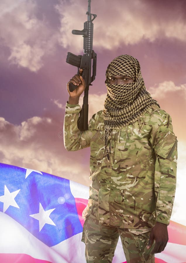 Soldier with Weapon in Front of American Flag and Clouds Stock Photo ...