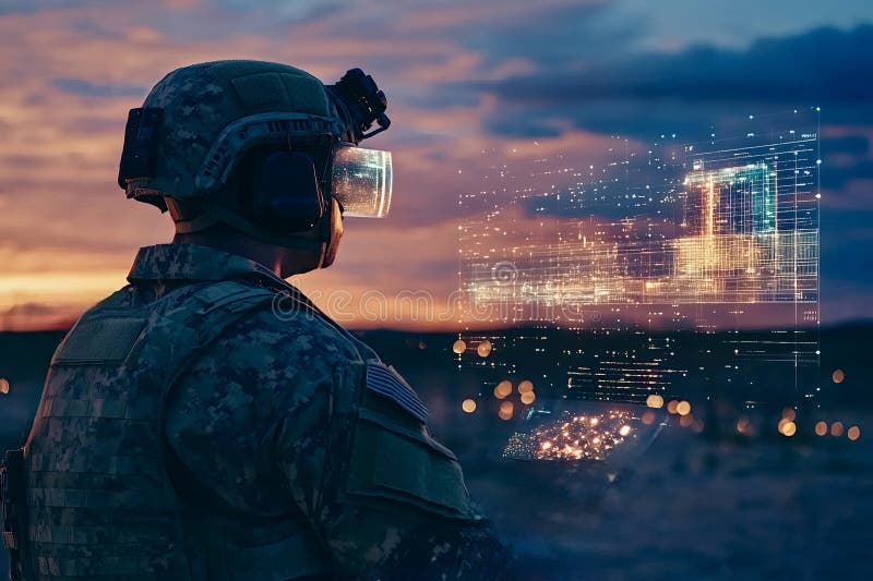 Soldier Wearing Augmented Reality Glasses Analyzing Data at Sunset ...