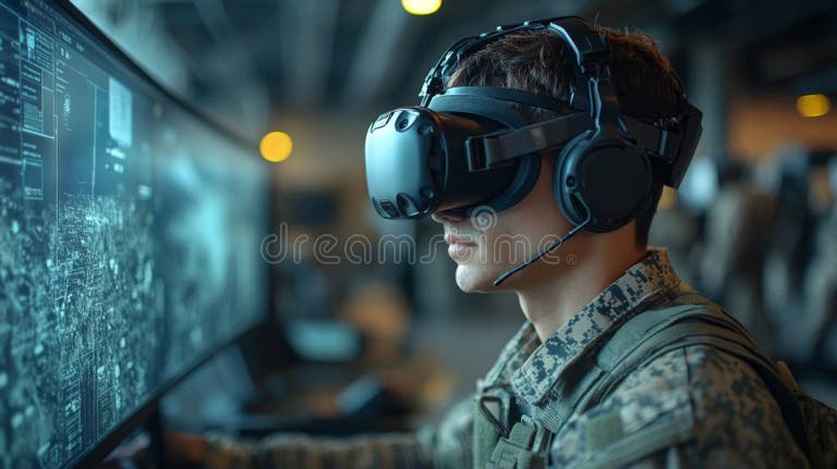 Soldier Engaged in Virtual Reality Training Session within a Military ...