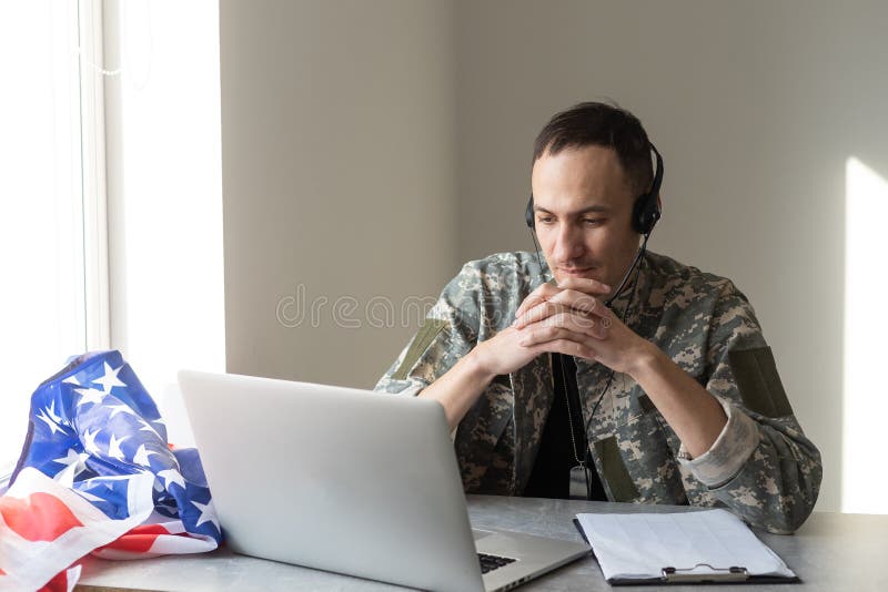 Soldier Working with Laptop in Headquarters Building Stock Photo ...