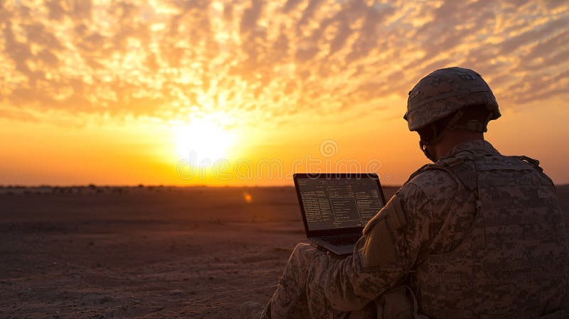 Soldier Working on a Laptop during Sunset in an Arid Landscape ...